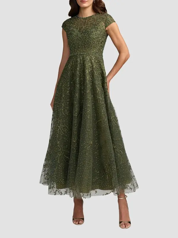 Mac Duggal Embellished Jewel Neck A-line Cocktail Dress - Olive