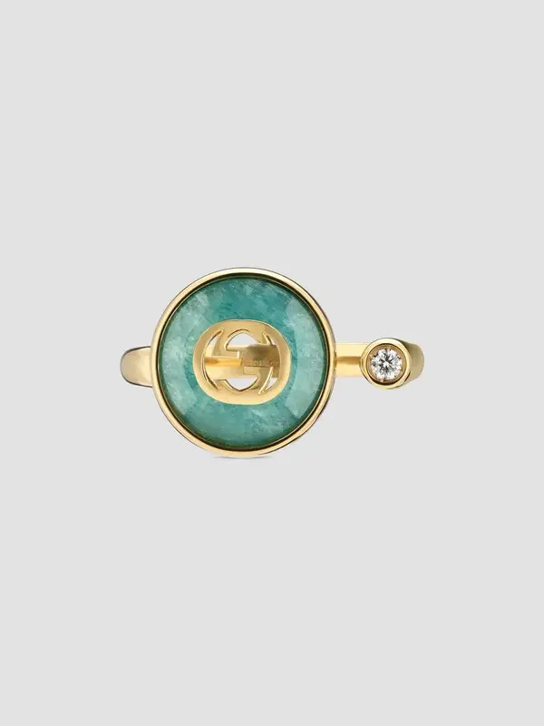 Gucci 18k Yellow Gold, Amazonite & 0.02 Tcw Diamond Cuff Ring