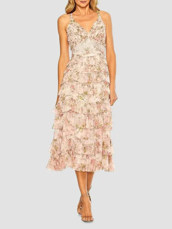 Mac Duggal Floral Ruffled Sleeveless Midi-dress