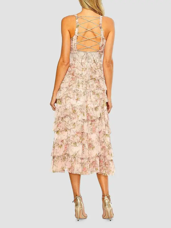 Mac Duggal Floral Ruffled Sleeveless Midi-dress