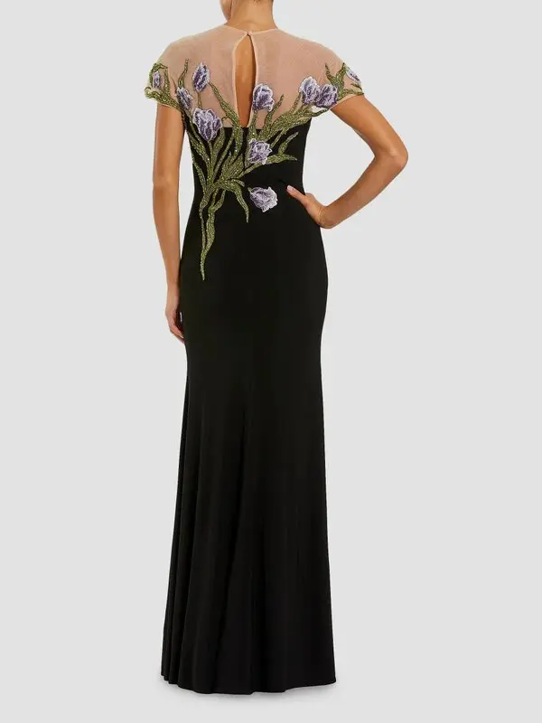 Mac Duggal Evening Embroidered Jersey Illusion-neck Gown