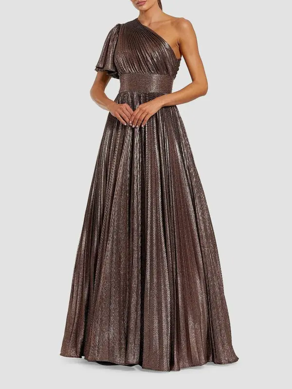 Mac Duggal One-shoulder Pleated Metallic A-line Ball Gown - Bronze
