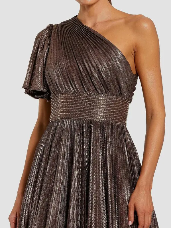 Mac Duggal One-shoulder Pleated Metallic A-line Ball Gown
