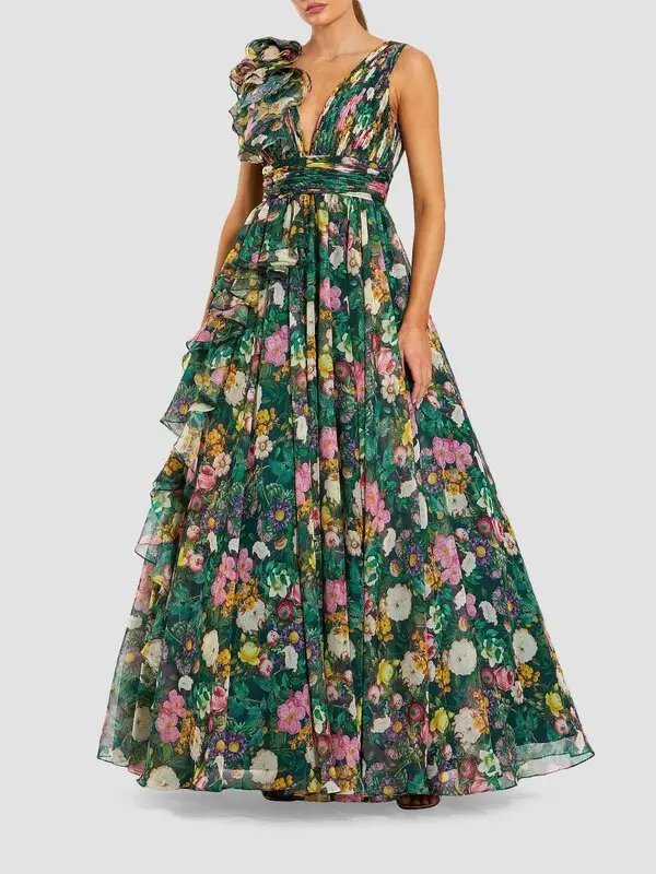 Mac Duggal Floral Chiffon Ruffled V-neck Gown - Deep Green Multi