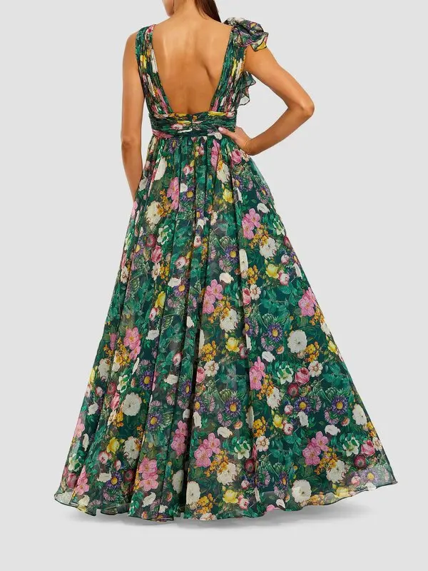 Mac Duggal Floral Chiffon Ruffled V-neck Gown - Deep Green Multi