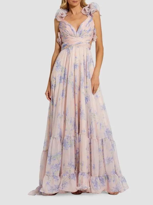 Mac Duggal Ruffle Tiered Floral Cut-out Chiffon Gown
