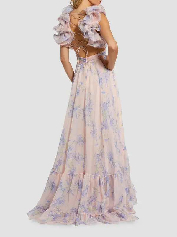Mac Duggal Ruffle Tiered Floral Cut-out Chiffon Gown