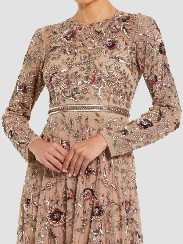 Mac Duggal Floral-embellished Mesh A-line Gown - Mocha