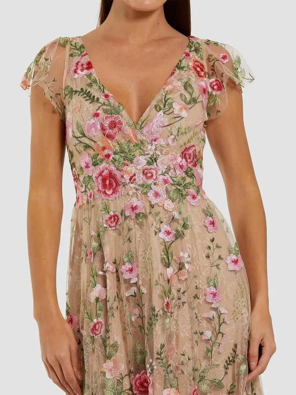 Mac Duggal Floral Embroidered Mesh V-neck Midi-dress