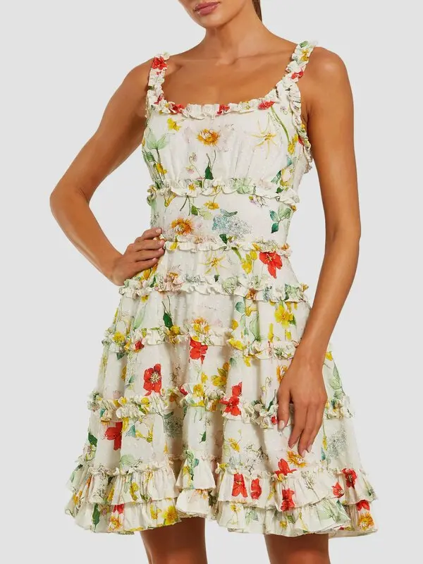 Mac Duggal Floral Ruffle Scoopneck Minidress