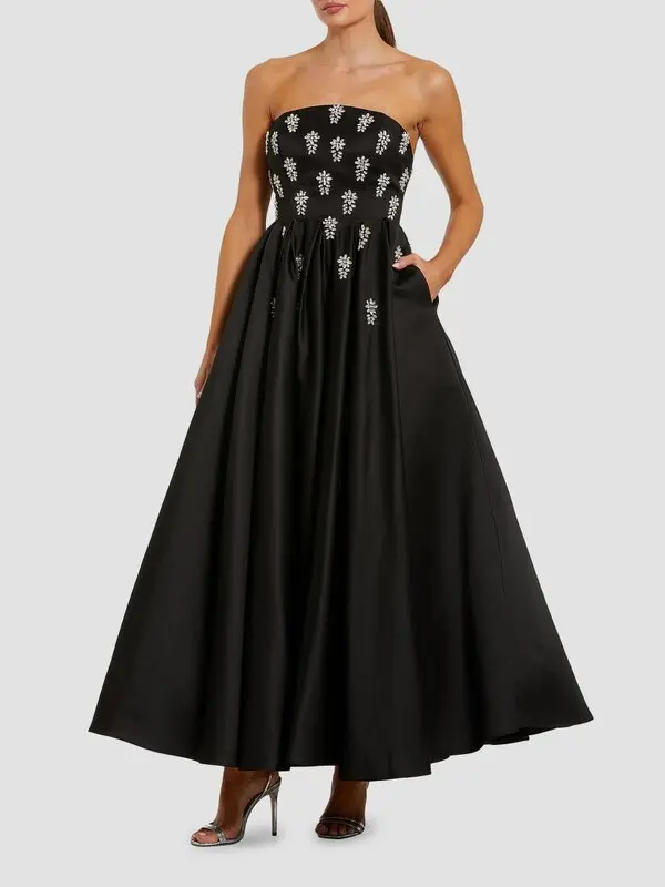 Mac Duggal Embellished Satin Strapless Tea-length Dress - Black
