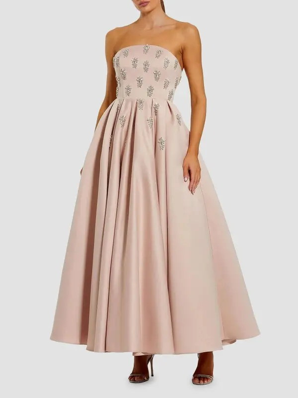 Mac Duggal Embellished Satin Strapless Tea-length Dress - Blush
