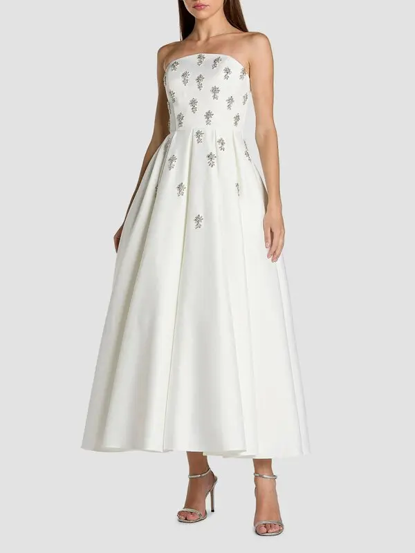 Mac Duggal Embellished Satin Strapless Tea-length Dress - Ivory