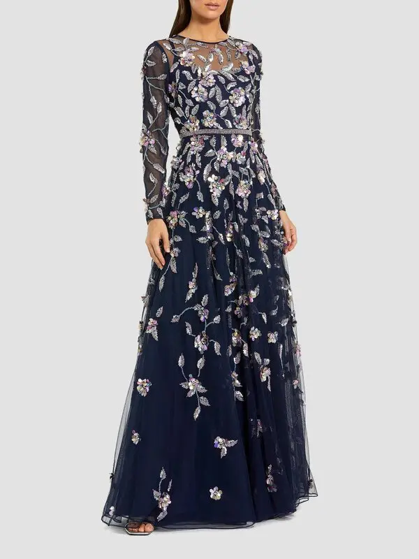 Mac Duggal Floral Embellished Mesh Long-sleeve Gown