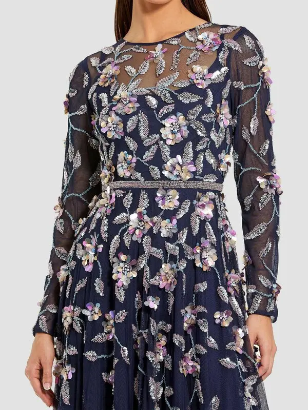 Mac Duggal Floral Embellished Mesh Long-sleeve Gown