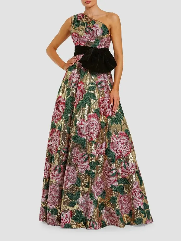 Mac Duggal Velvet Bow One-shoulder Sequin Ballgown