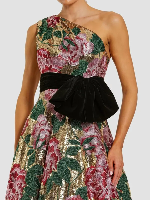 Mac Duggal Velvet Bow One-shoulder Sequin Ballgown