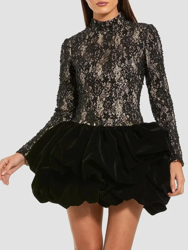 Mac Duggal Sequined Lace & Velvet Bubble-hem Minidress - Black