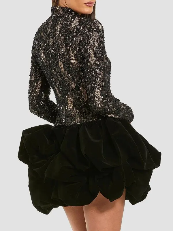 Mac Duggal Sequined Lace & Velvet Bubble-hem Minidress
