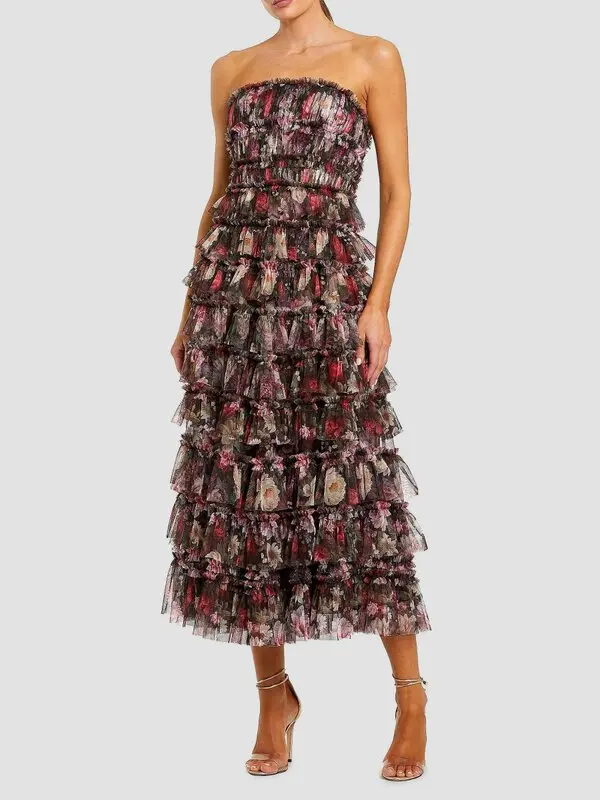 Mac Duggal Tiered Ruffled Floral Strapless A-line Midi-dress