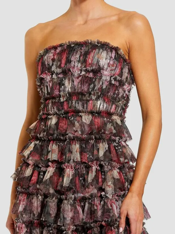 Mac Duggal Tiered Ruffled Floral Strapless A-line Midi-dress