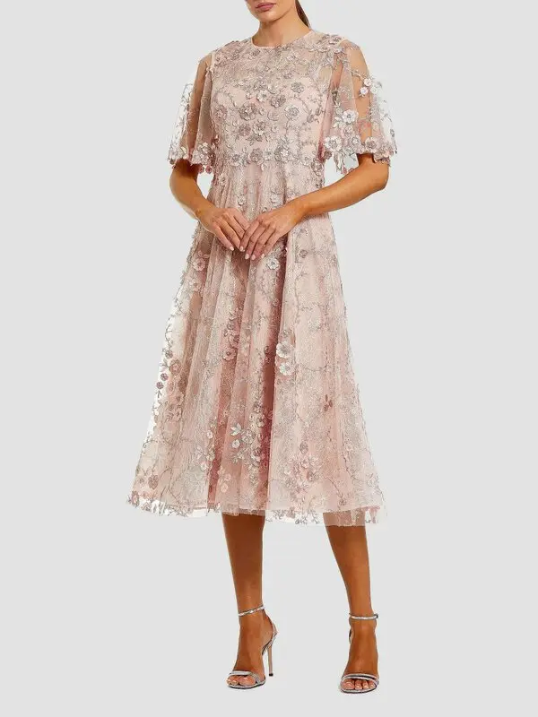 Mac Duggal Cocktail Embroidered Mesh Midi-dress - Blush