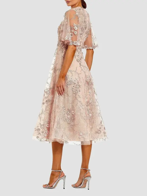 Mac Duggal Cocktail Embroidered Mesh Midi-dress - Blush
