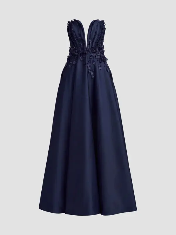 Mac Duggal Beaded Floral-appliquéd Charmeuse Strapless Gown - Navy