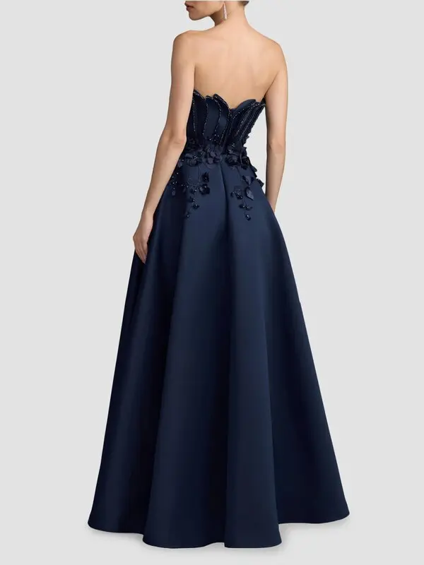 Mac Duggal Beaded Floral-appliquéd Charmeuse Strapless Gown - Navy