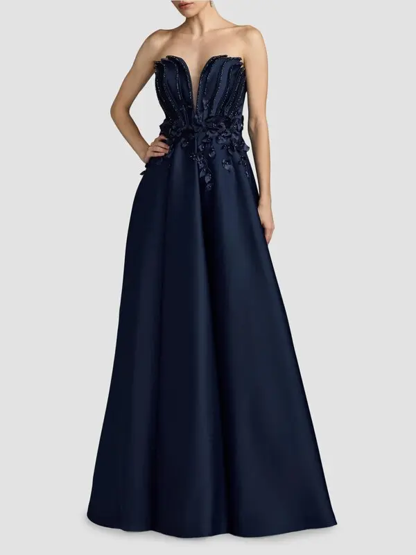 Mac Duggal Beaded Floral-appliquéd Charmeuse Strapless Gown - Navy