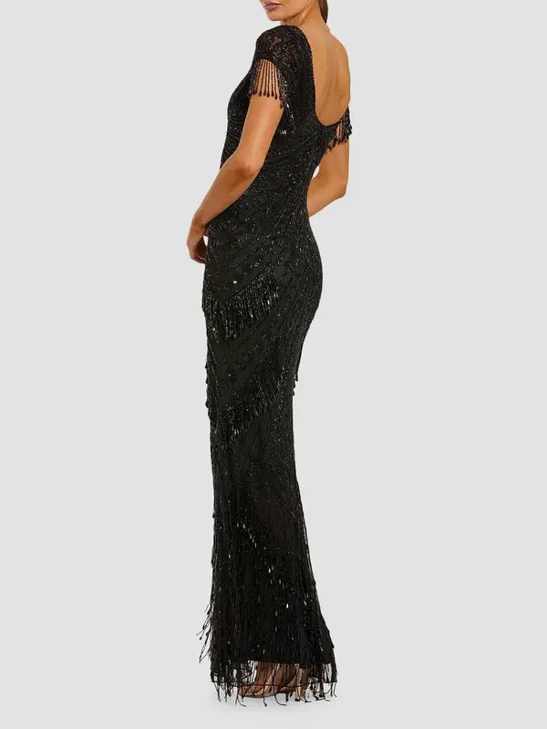 Mac Duggal Evening Beaded Fringe Short-sleeve Gown