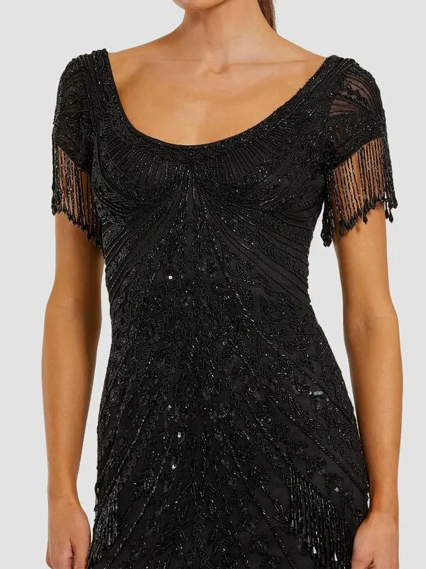Mac Duggal Evening Beaded Fringe Short-sleeve Gown
