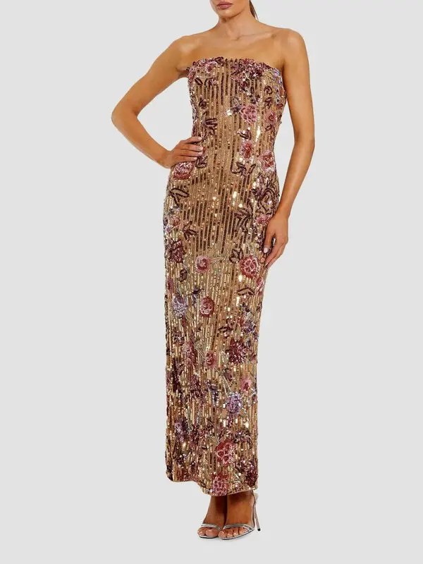 Mac Duggal Floral Sequin Strapless Column Dress - Gold Multi