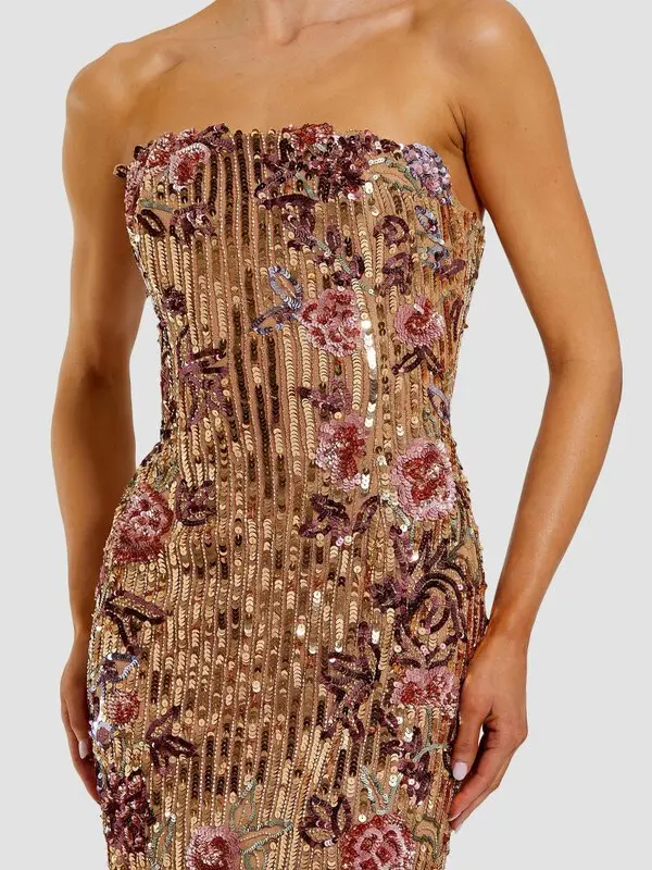 Mac Duggal Floral Sequin Strapless Column Dress - Gold Multi