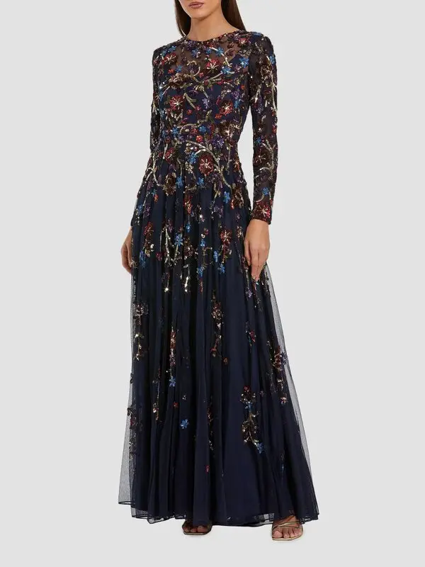 Mac Duggal Floral Beaded Mesh A-line Gown - Midnight Multi