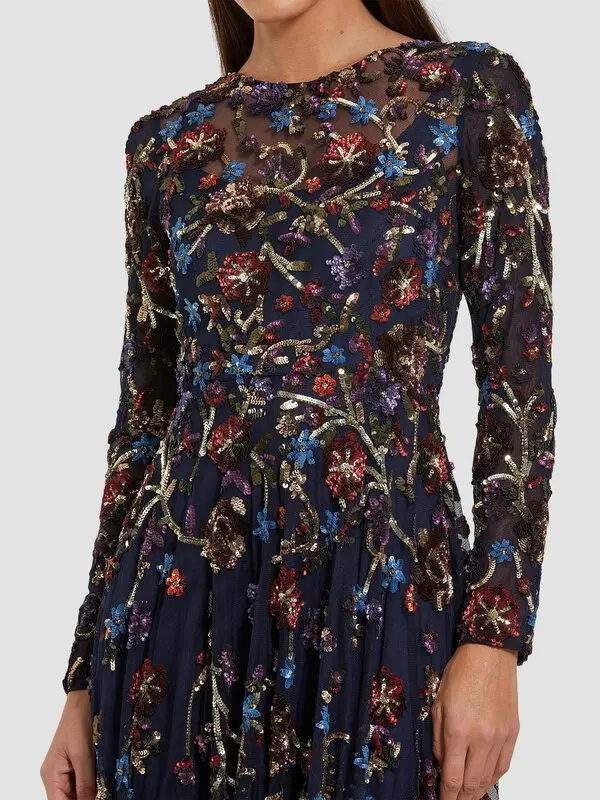 Mac Duggal Floral Beaded Mesh A-line Gown - Midnight Multi