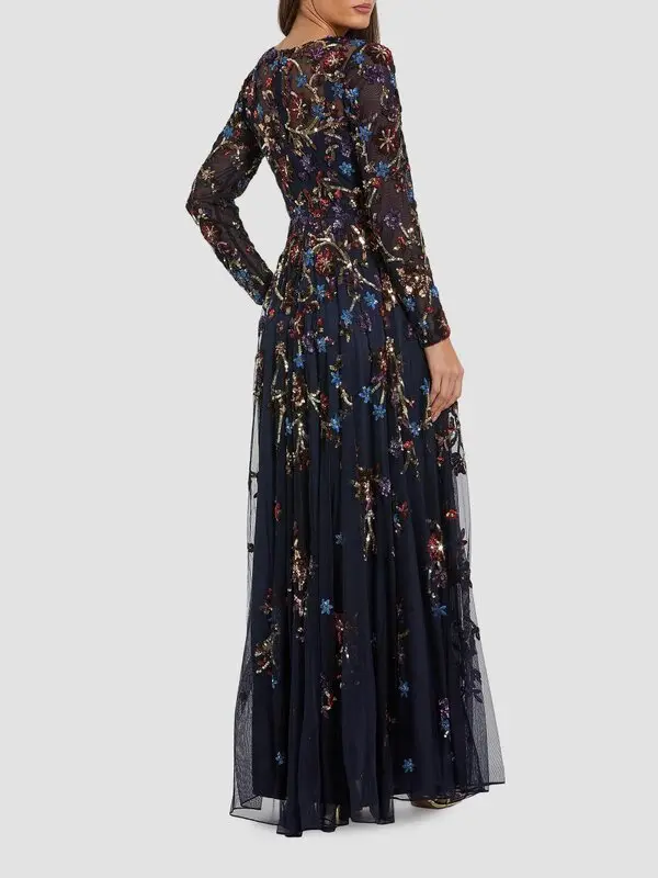 Mac Duggal Floral Beaded Mesh A-line Gown - Midnight Multi