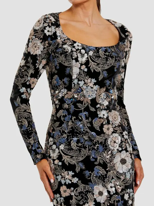 Mac Duggal Embroidered Velvet Long-sleeve Gown