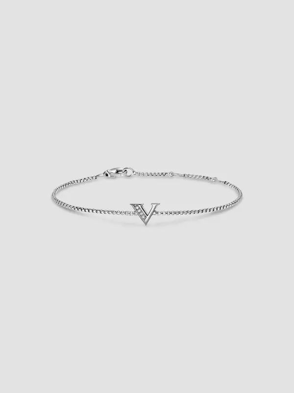 David Yurman Petite Initial Chain Bracelet In Sterling Silver - Diamond V