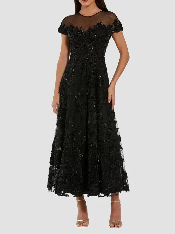 Mac Duggal Embellished Lace Illusion A-line Midi-dress - Black
