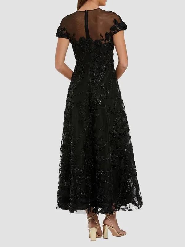 Mac Duggal Embellished Lace Illusion A-line Midi-dress - Black