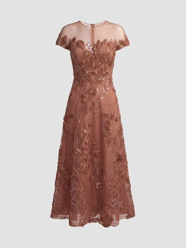 Mac Duggal Embellished Lace Illusion A-line Midi-dress - Rust