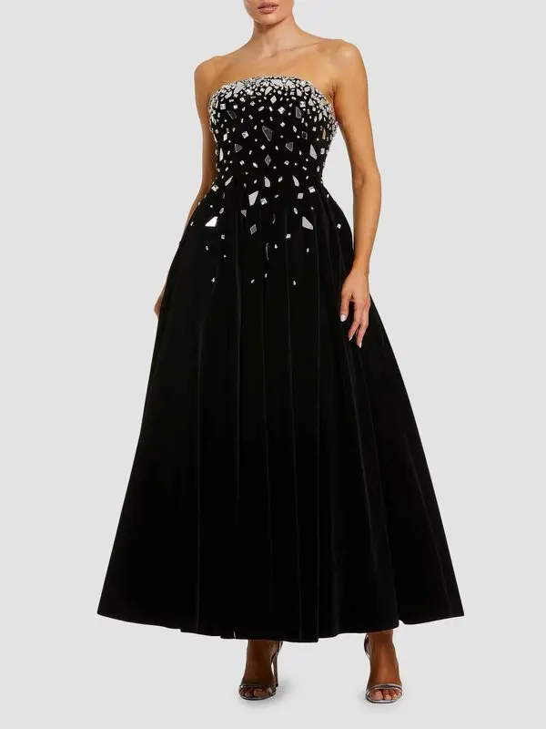 Mac Duggal Glass-embellished Velvet Tea-length Dress - Black