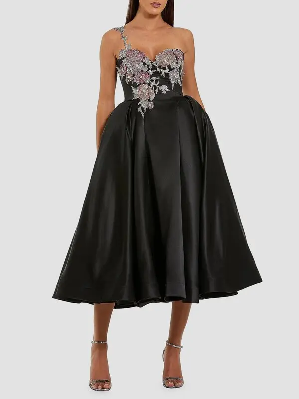 Mac Duggal Cocktail Satin Fit & Flare Midi-dress - Black Multi