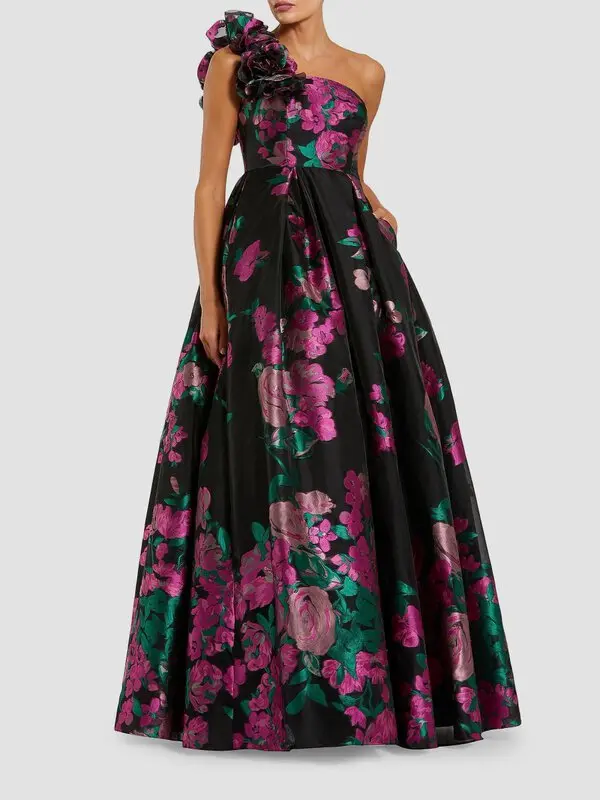 Mac Duggal Evening Floral One-shoulder Brocade Ball Gown - Black Multi