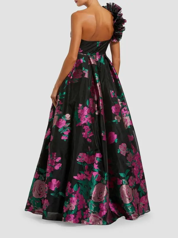 Mac Duggal Evening Floral One-shoulder Brocade Ball Gown
