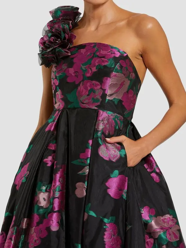 Mac Duggal Evening Floral One-shoulder Brocade Ball Gown
