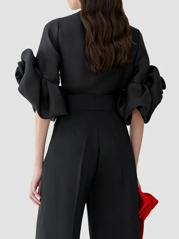 Carolina Herrera Chalet Three-quarter Flower-sleeve Silk Top