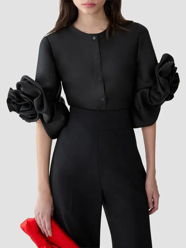 Carolina Herrera Chalet Three-quarter Flower-sleeve Silk Top