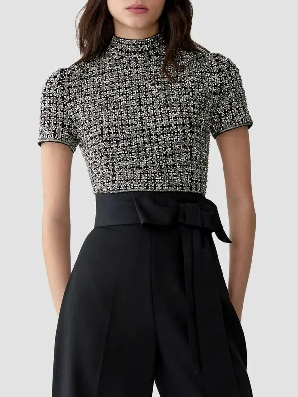 Carolina Herrera Chalet Embellished Short-sleeve Crop Top
